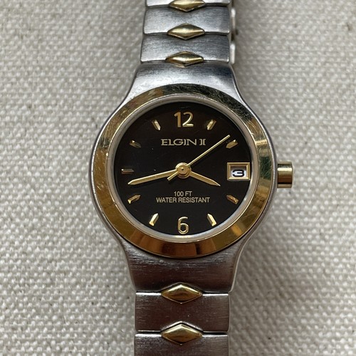 Vintage Elgin II Womens Two Tone Date Watch Black Round Dial New ...