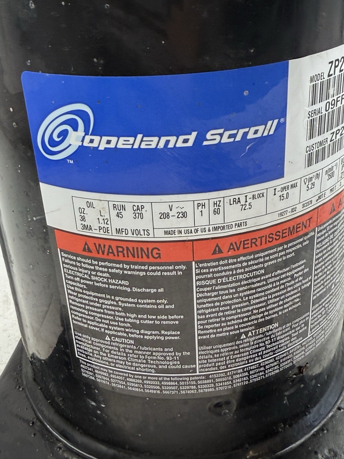 Copeland 2 Ton Scroll A/C Compressor ZP26K3E-PFV-230 ZP26K3E-PFV-830 ...