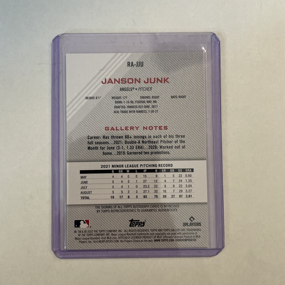 2022 Topps Gallery Baseball Rookie AUTO Janson Junk #RA-JJU Angels RC ...