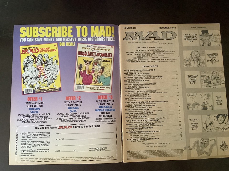 MAD Magazine No. 283 Dec. 1988 Featuring Rambo III & Crocodile Dundee ...
