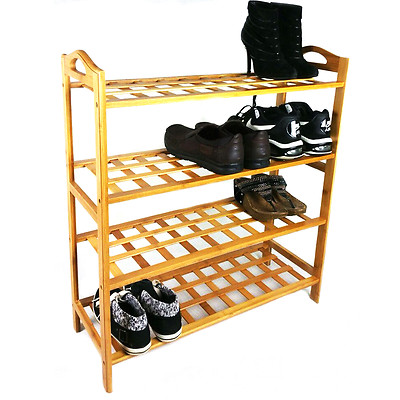 4 Tier Shoe Storage Rack Stool 100% Natural Bamboo Wood Criss Cross ...