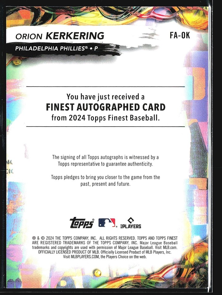 2024 Topps Finest Blue Finest Autographs #FA-OK Orion Kerkering (AU, RC ...