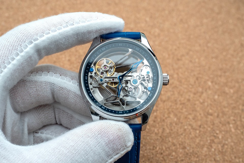 Mens Skeleton Bridge Movement Automatic Mechanical Watch Silver Blue ...