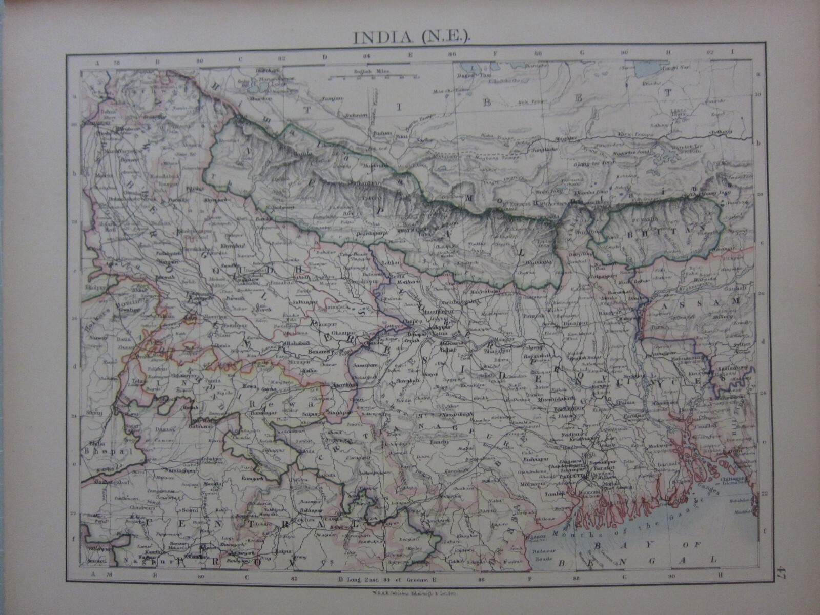 1897 Landkarte ~ Indien North East ~ Chutia Nagpur Assam Bhutan Nepal ...