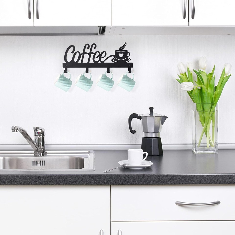 Wall Mounted Coffee Mug Holder Tea Cups Rack Hanging Mugs Storage ...