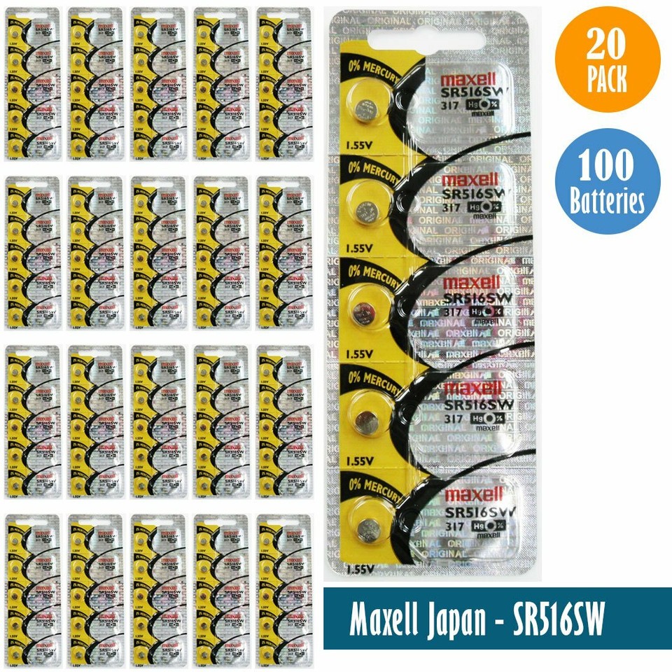 Maxell 317 Silver Oxide SR516SW Watch Batteries Pack of 100 Batteries ...