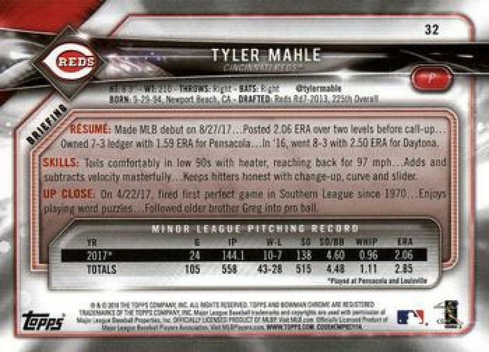 2018 Bowman #32 Tyler Mahle Reds NM-MT (RC - Rookie Card) | eBay