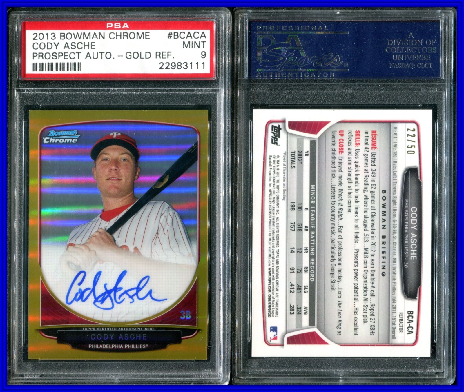PSA 9 2013 Bowman Chrome Gold Refractor Autograph Cody Asche RC 22/50 ...