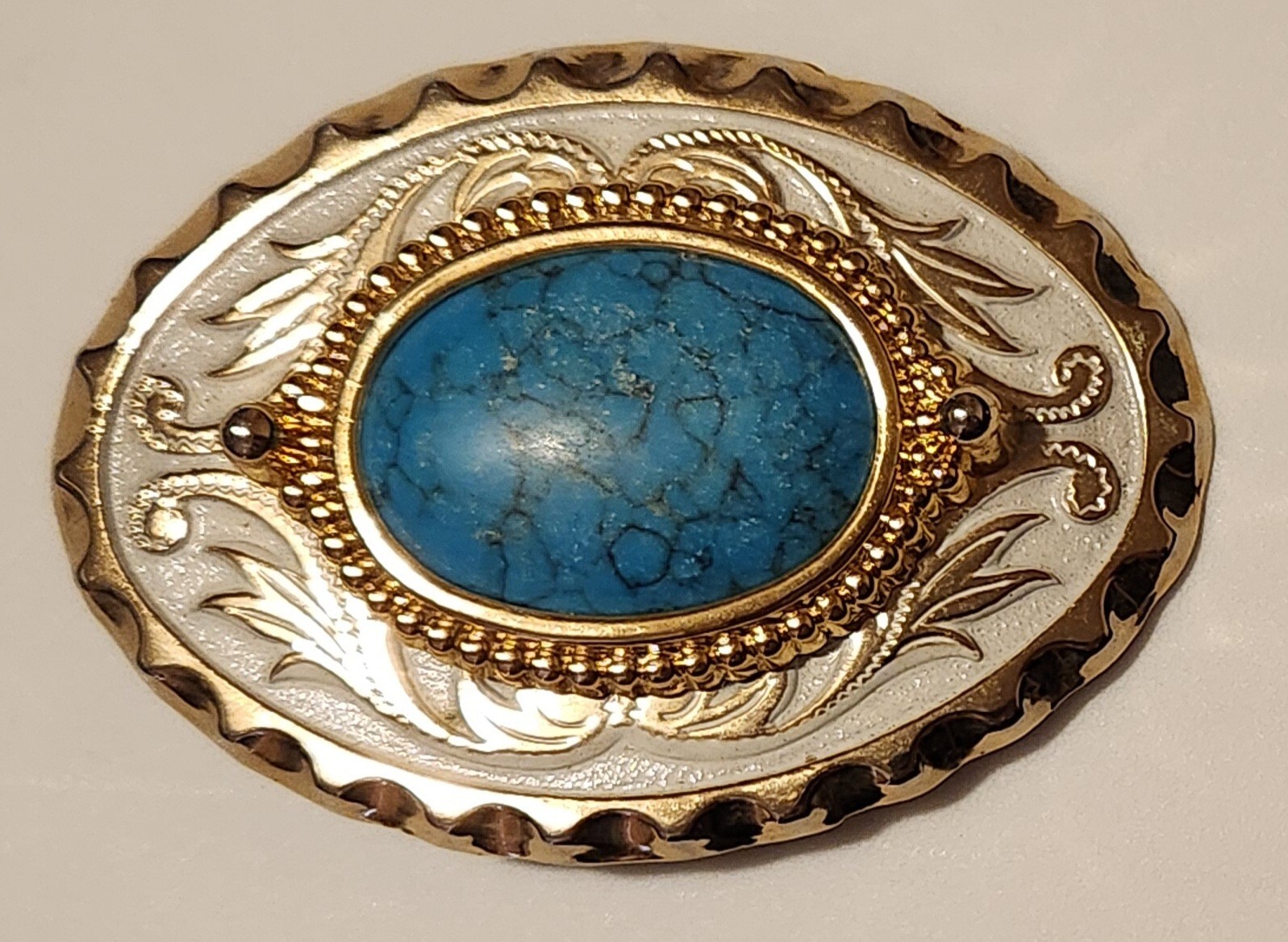 Vtg Faux Turquoise, Chrome, Gold & White Oval Belt Buckle Fits 1-1/2 in ...