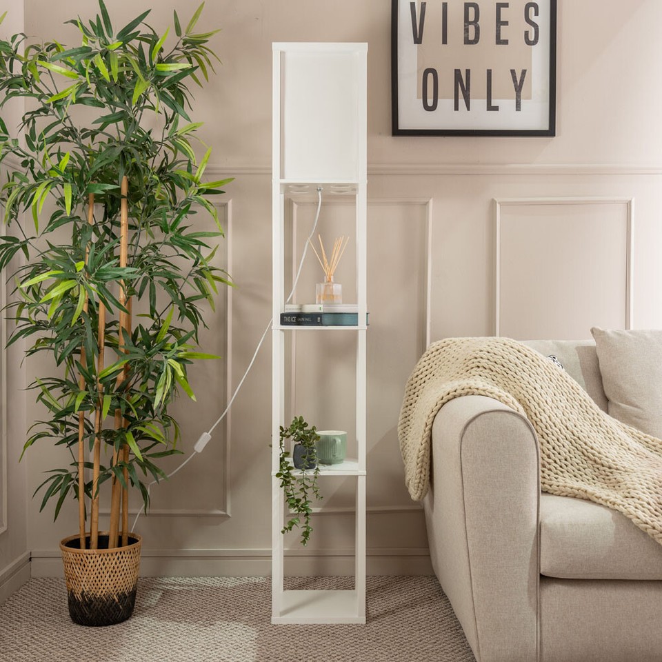 Floor Lamp Shelves Standard Shelf Storage Wooden Standing Living Room ...