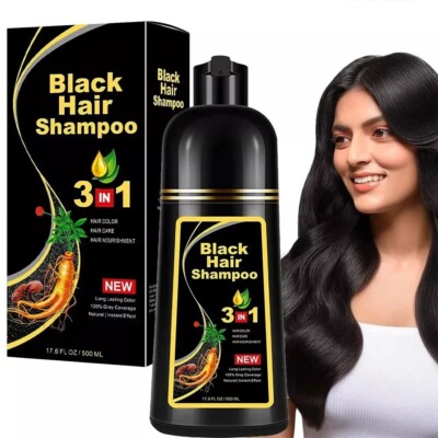500ml Black Hair Dye Shampoo Instant Color Dye Plant Essences Smooth ...