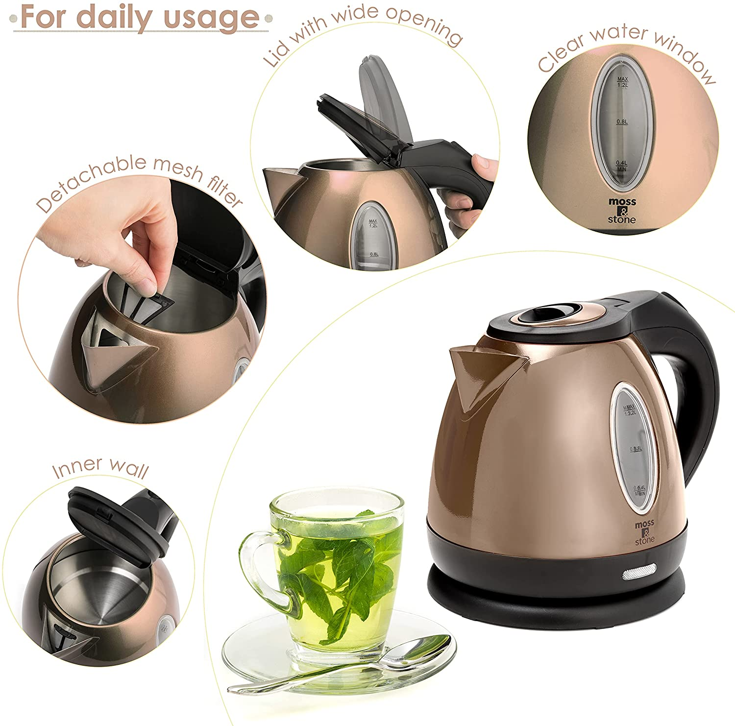 Moss & Stone Stainless Steel Electric Kettle, Cordless Pot 1.2L ...