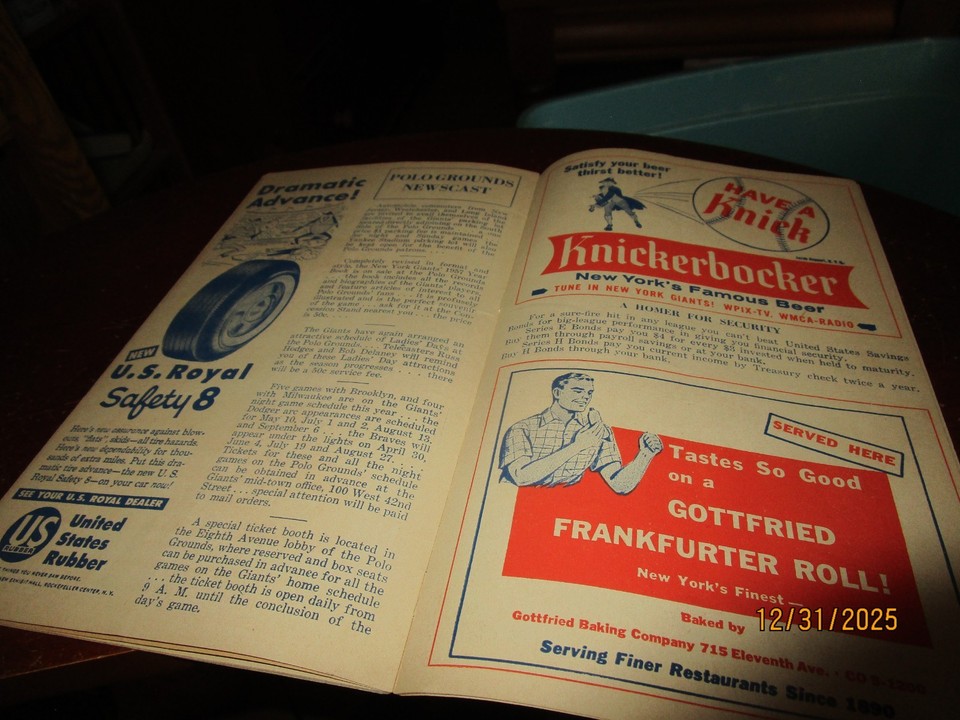 1957 New York Giants Baseball Program vs. Brooklyn Dodgers only ...