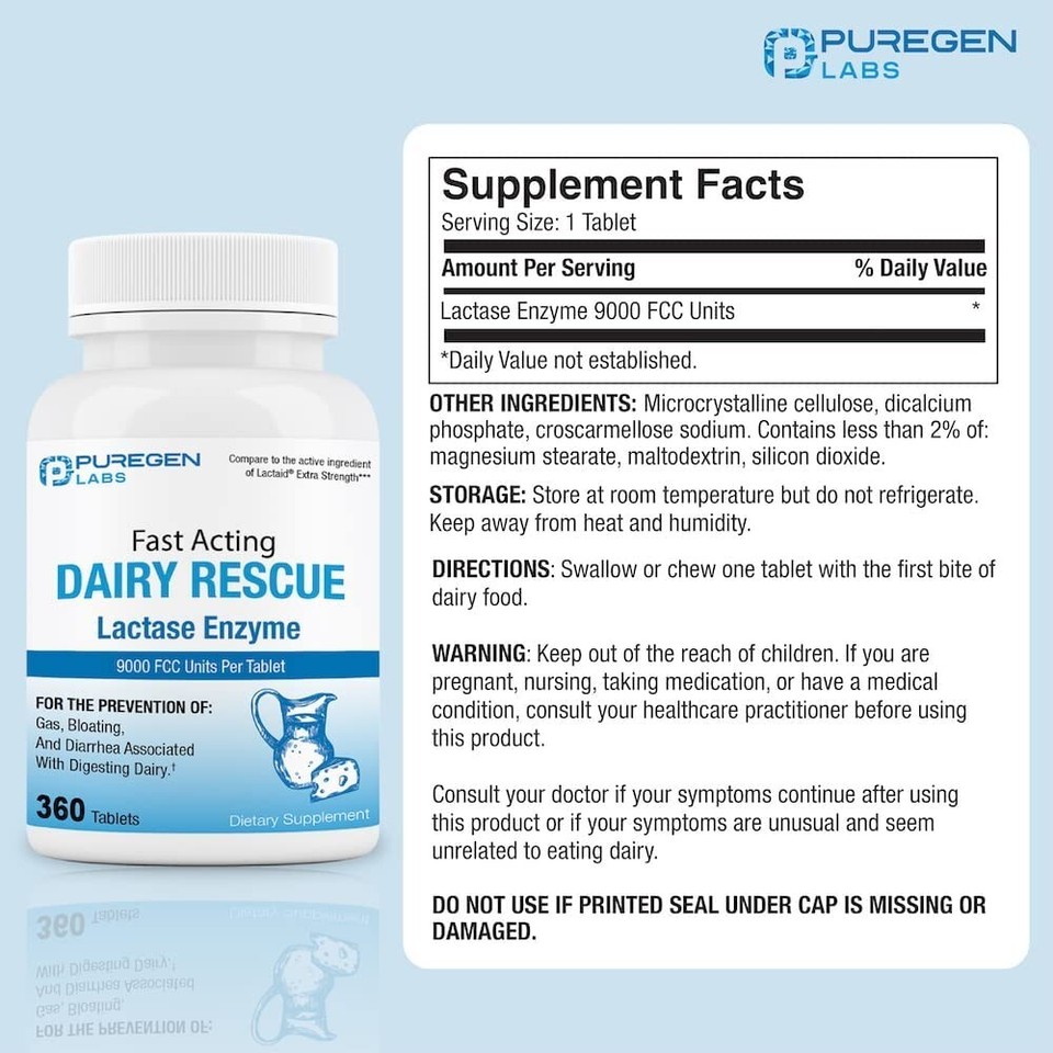 Puregen Dairy Rescue Fast Acting Lactase Enzyme 9000 FCC 360 Tablets ...