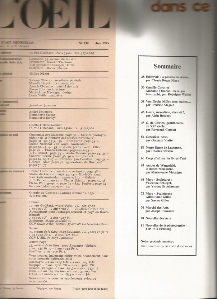L'Oeil No 239 Passion The Drawing / Camille Corot / Van Gogh / Goetz ...