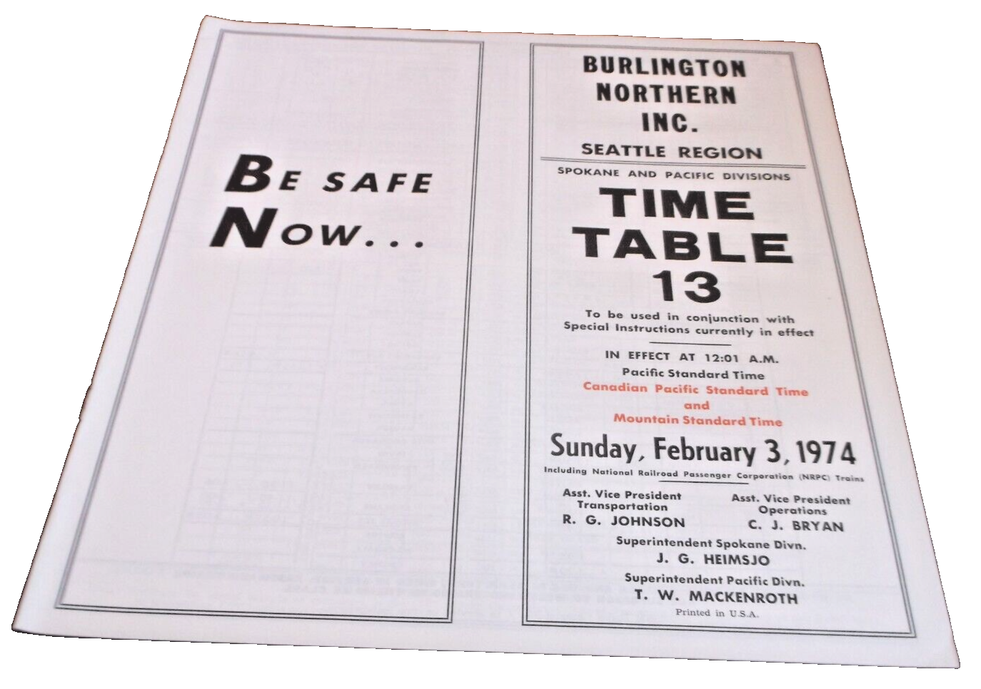 FEBRUARY 1974 BURLINGTON NORTHERN SEATTLE REGION EMPLOYEE TIMETABLE #13 ...