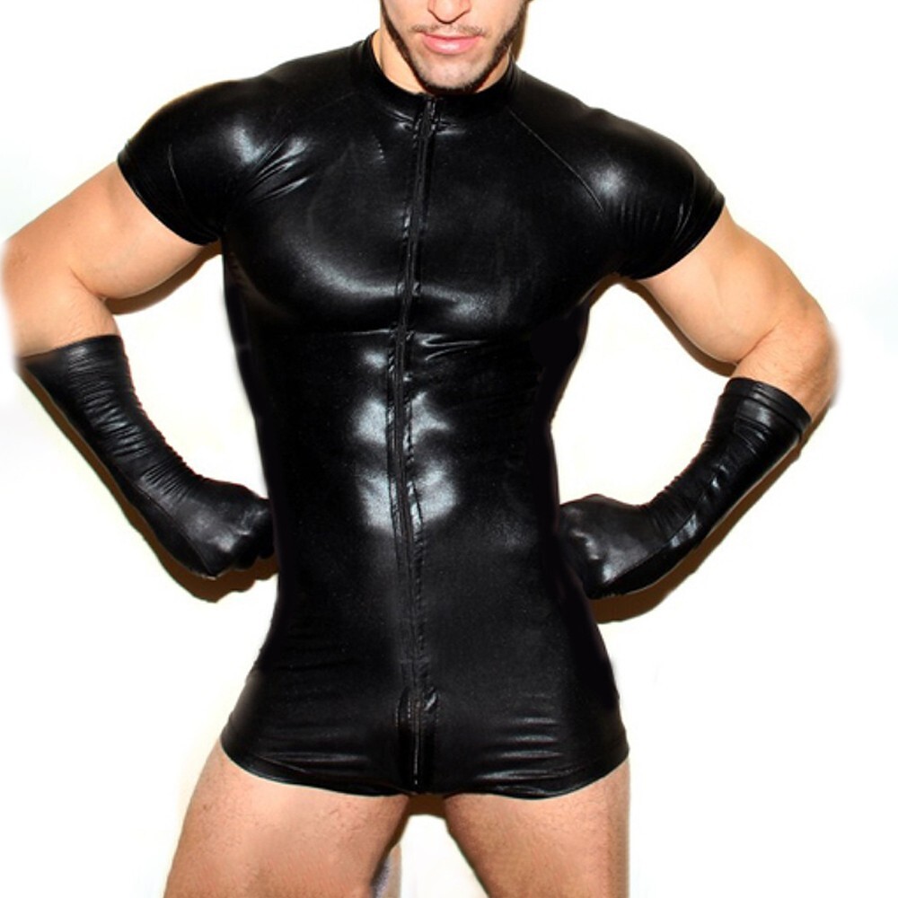 Mens WetLook PVC Leather Leotard Bodysuit Jumpsuit Black Clubwear ...