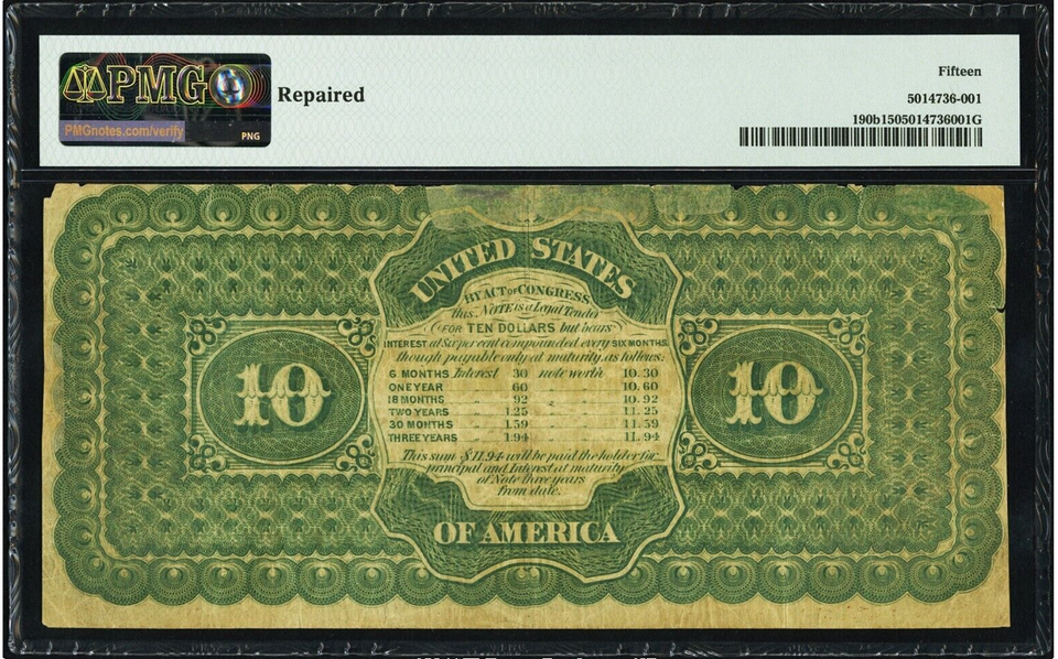 Fr. 190b $10 1864 6% Compound Interest Treasury Note PMG Choice Fine 15 ...