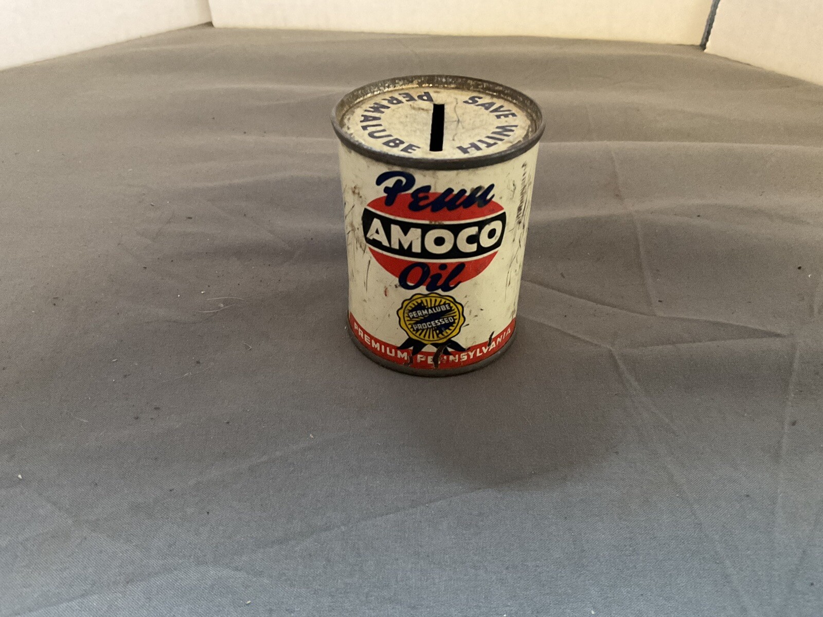 VINTAGE PENN AMOCO OIL Permalube Processed ADVERTISING TIN BANK No ...
