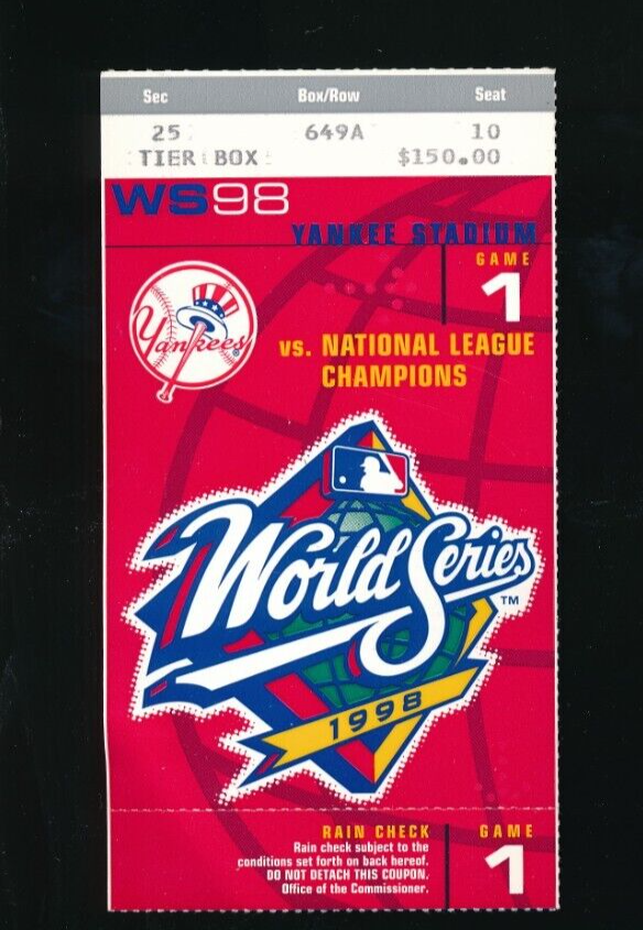 1998 WORLD SERIES TICKET GAME 1 Yankees Padres Tino Grand Slam Gwynn HR ...