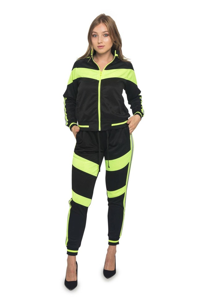 Women's Reflective Neon Stripe Outfits Sweatshirt and Pants Tracksuit ...