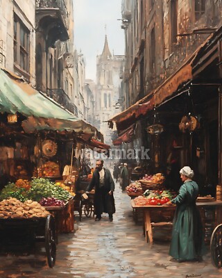 Victorian market street with vendors and shoppers oOil Painting 8x10 ...
