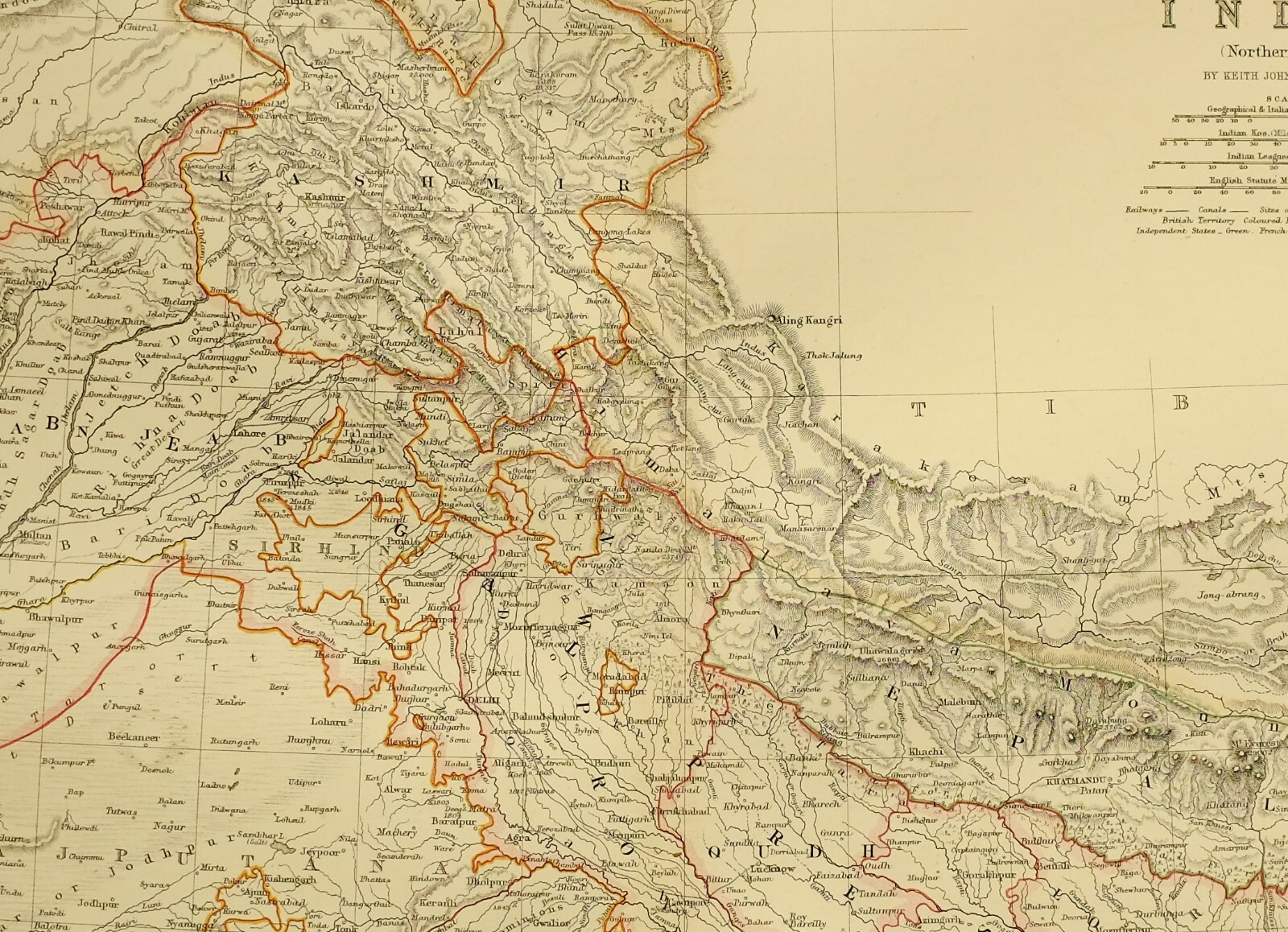 1873 HAND COLOURED MAP NORTHERN INDIA KASHMIR NEPAL CALCUTTA RAJPUTANA ...