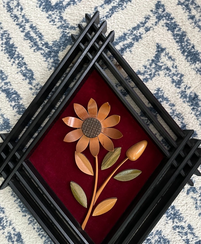 Vintage MCM Wood Carved Flower Black Diamond Framed Velvet Wall Art 24 ...