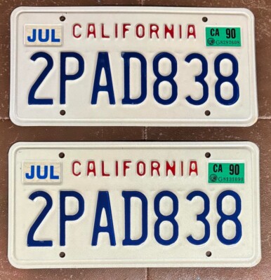 California 1990 License Plate PAIR # 2PAD838 | eBay