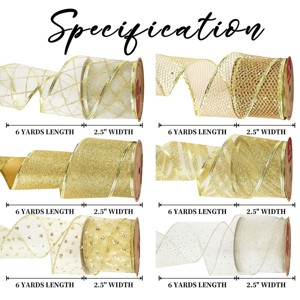 MEEDEE Gold and White Ribbon for Christmas Trees - 2.5 Inch, 6 Rolls ...