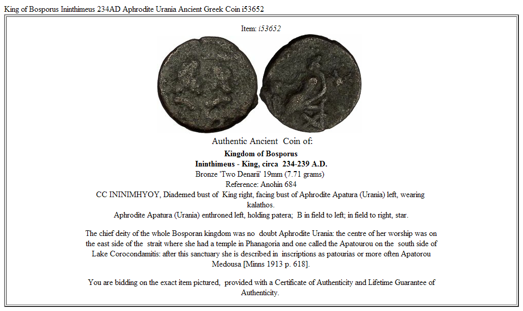 King of Bosporus Ininthimeus 234AD Aphrodite Urania Ancient Greek Coin ...