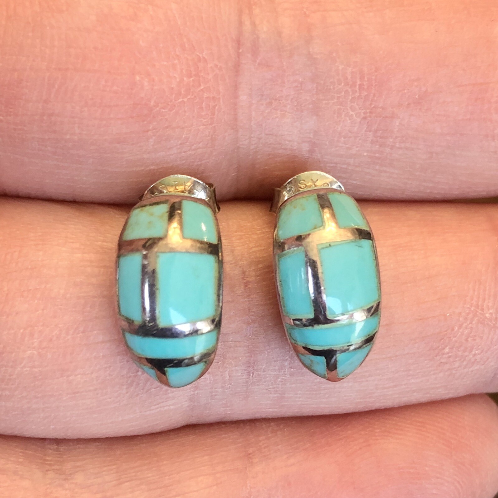 Zuni Style Turquoise Inlay & Sterling Curved Earrings… - Gem