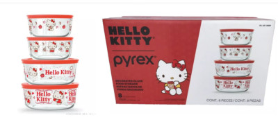Pyrex Hello Kitty 8-piece Glass Food Storage Container Set 4 & 7 Cup ...