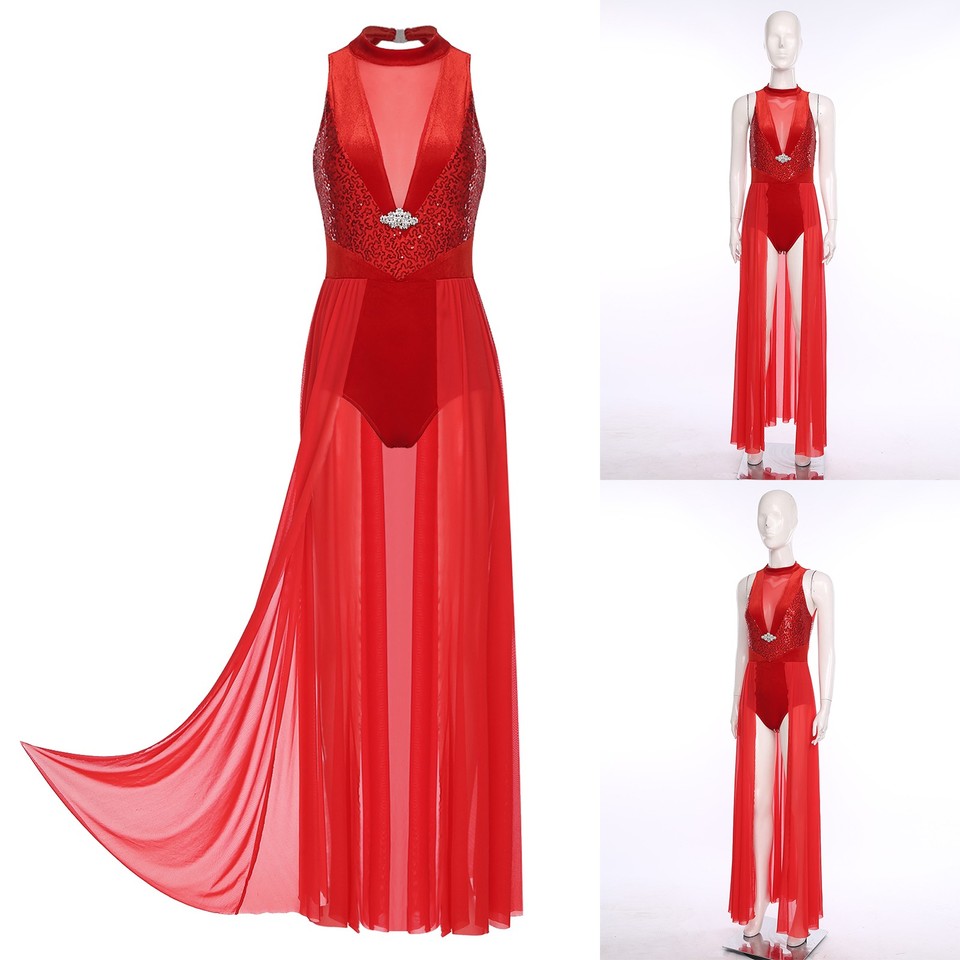 Women Dancewear Long Flowy Costume Sequins Dress Performance ...