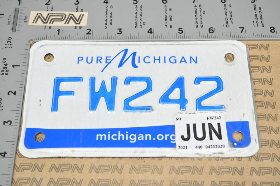 Michigan Motorcycle License Plate FW242 White Blue 2021 Sticker Pure MI ...
