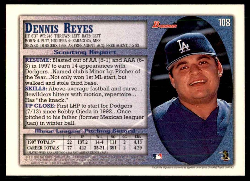 1998 BOWMAN DENNIS REYES LOS ANGELES DODGERS #108 | eBay