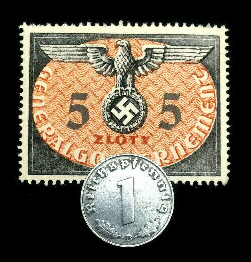 German WWII Rare 1 Rp Zinc Coin (1940-1945) & 5 Zloty Stamp MNH ...