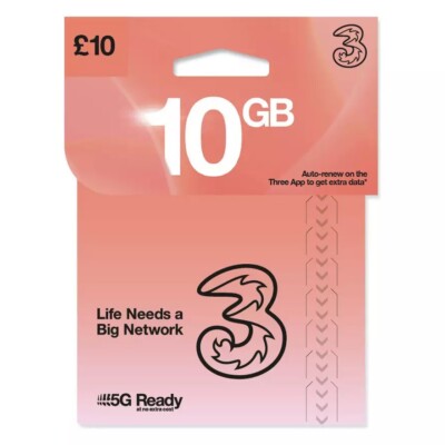 Three Network SIM 5G Ready 20GB Data+Unlimited UK Mins & Texts FREE 6GB ...