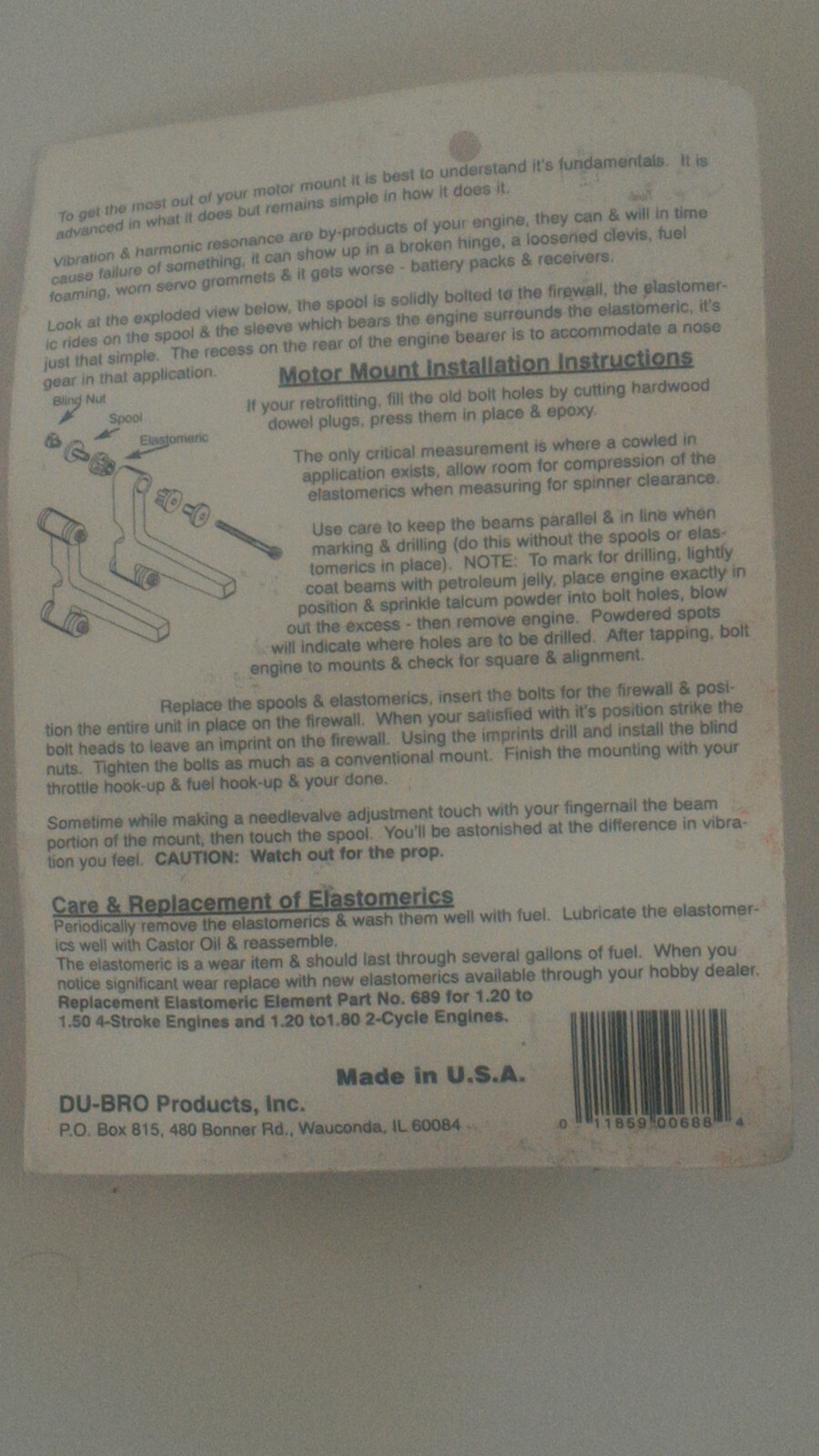 DU-BRO Vibration Reducing Motor Mounts Cat. No. 688 No Low RPM Engine ...