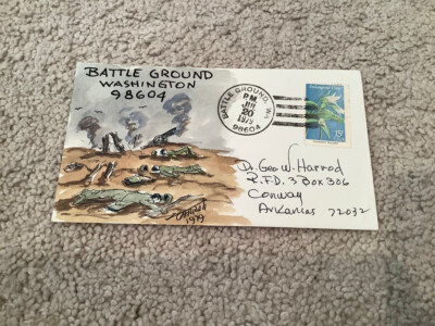 1979 BATTLE GROUND, WA.: Signed FOLK ART WATERCOLOR Postal Cover GEORGE ...