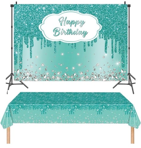 XCKALI Teal Blue Birthday Backdrop and Tablecloth Kit Glitter Teal Blue ...