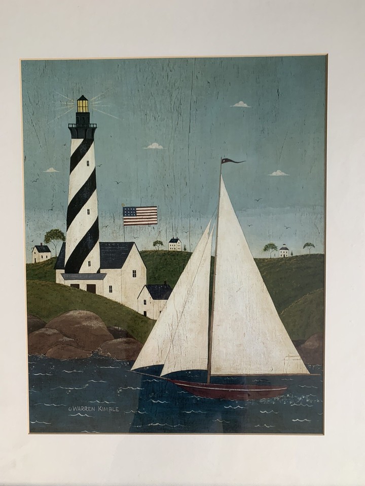 Warren Kimble Folk Art Nautical Ocean Sailing Ship Boat Lighthouse ...
