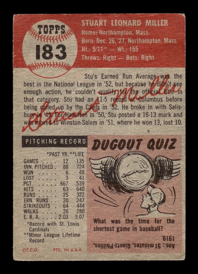 1953 Topps Baseball #183 Stu Miller RC CREASED St. Louis Cardinals | eBay