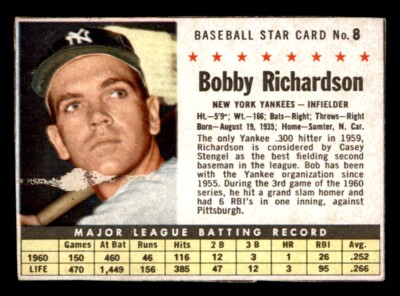 1961 Post Baseball #8 Bobby Richardson PR | eBay