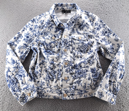 Talbots Denim Jacket Womens Medium Petite Blue White Floral Birds ...