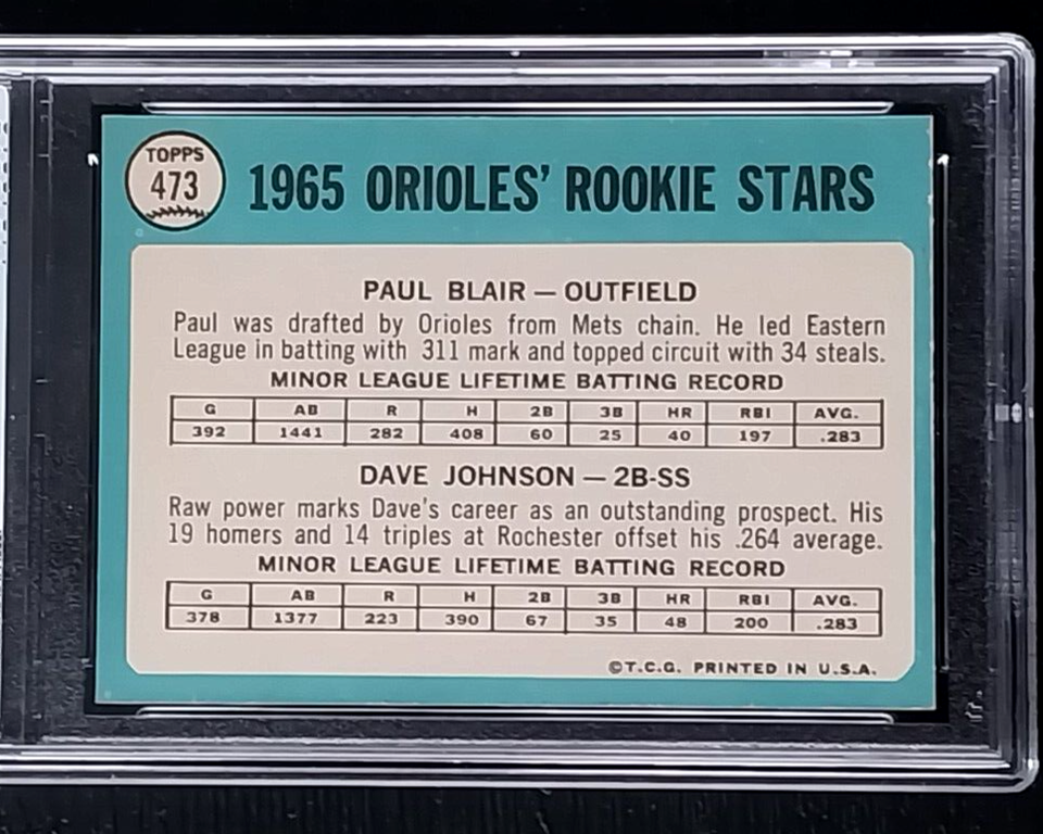 1965 TOPPS PAUL BLAIR DAVE JOHNSON ROOKIE CARD #473 **SHARP** PSA 8 ...
