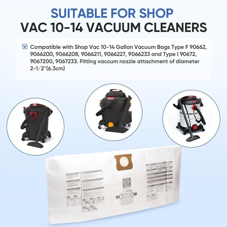 12 Pack VF2005 Vacuum Bags Compatible with Shop Vac Bags 10-14 Gallon ...