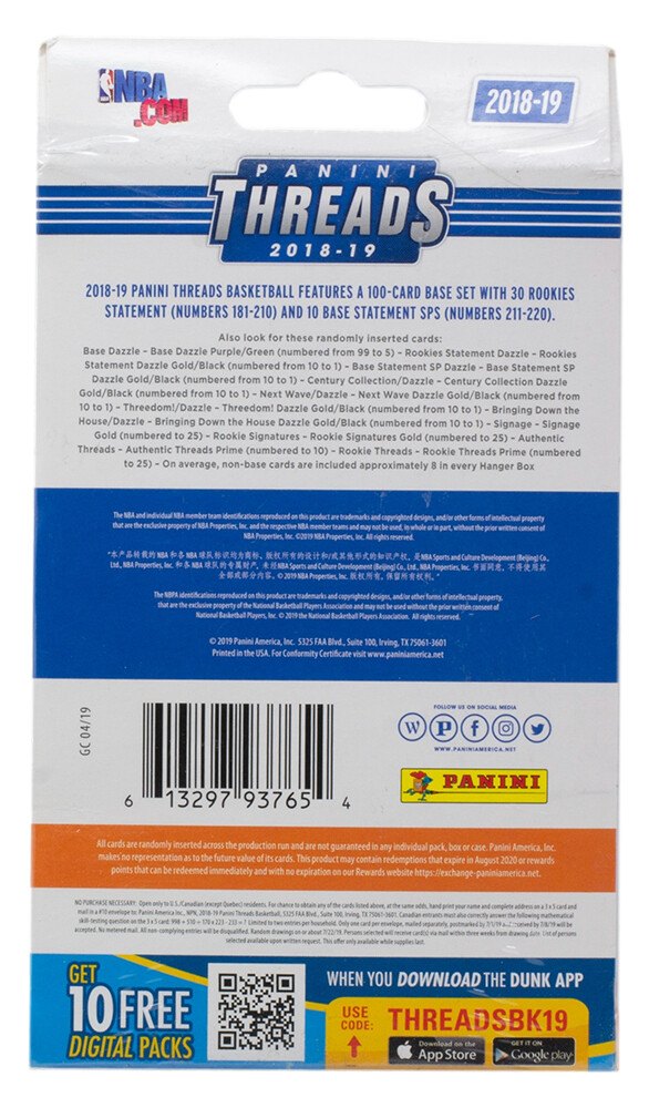 2018-2019 Panini Threads NBA Hanger Box Unopened Basketball Trading ...