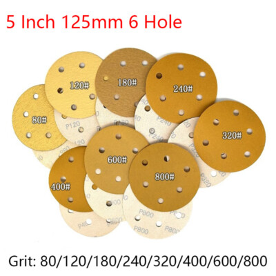 5 Inch 125mm Sanding Discs 6 Hole Dry Grinding Yellow Sandpaper 80 ...