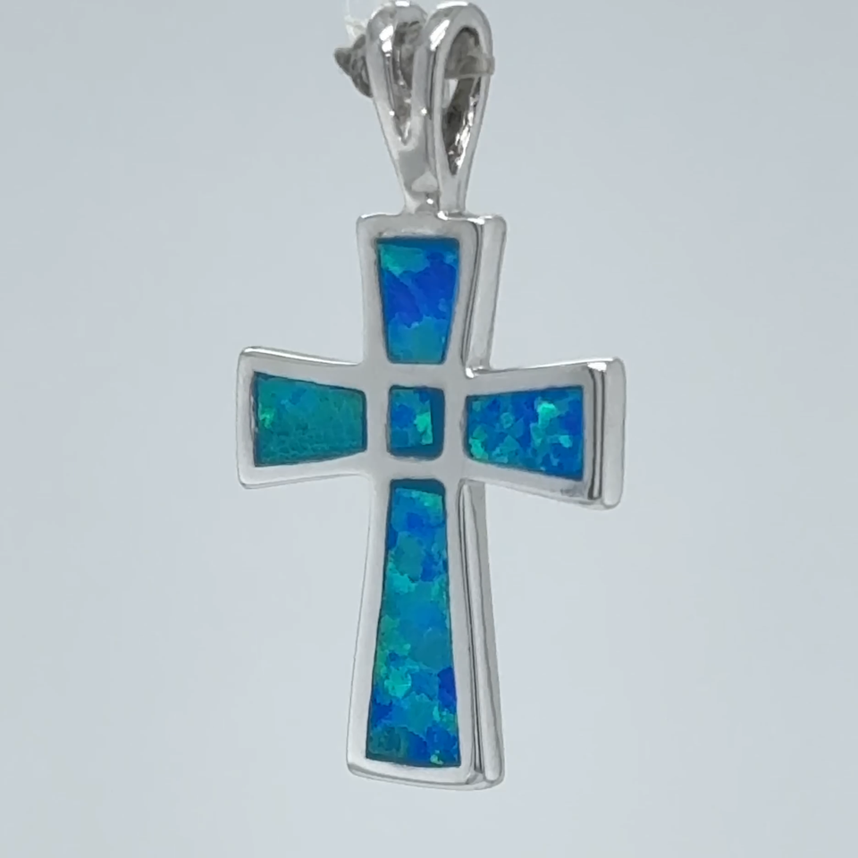 Blue FIRE OPAL Cross Pendant - 925 STERLING SILVER Rhodium - Necklace ...